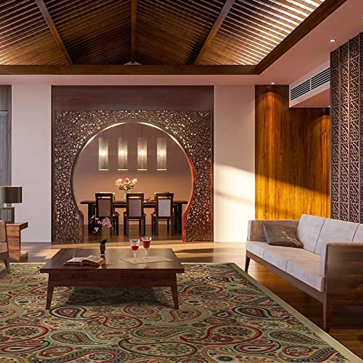 Ottomanson Machine Washable Paisley Design Non-Slip Rubberback 8x10 Traditional Area Rug for Living Room, Bedroom, Kitchen, 7'10" x 9'10", Beige