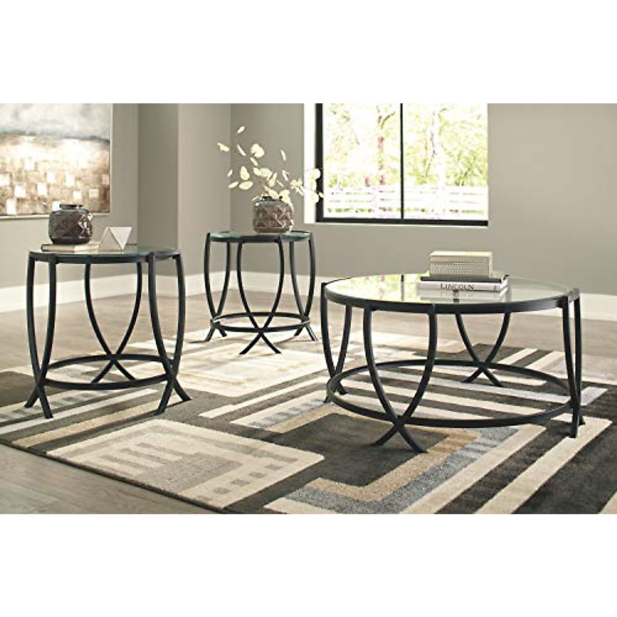 Signature Design by Ashley Tarrin Contemporary Glass Top Round 3-Piece Table Set, Includes Coffee Table and 2 End Tables, Black
