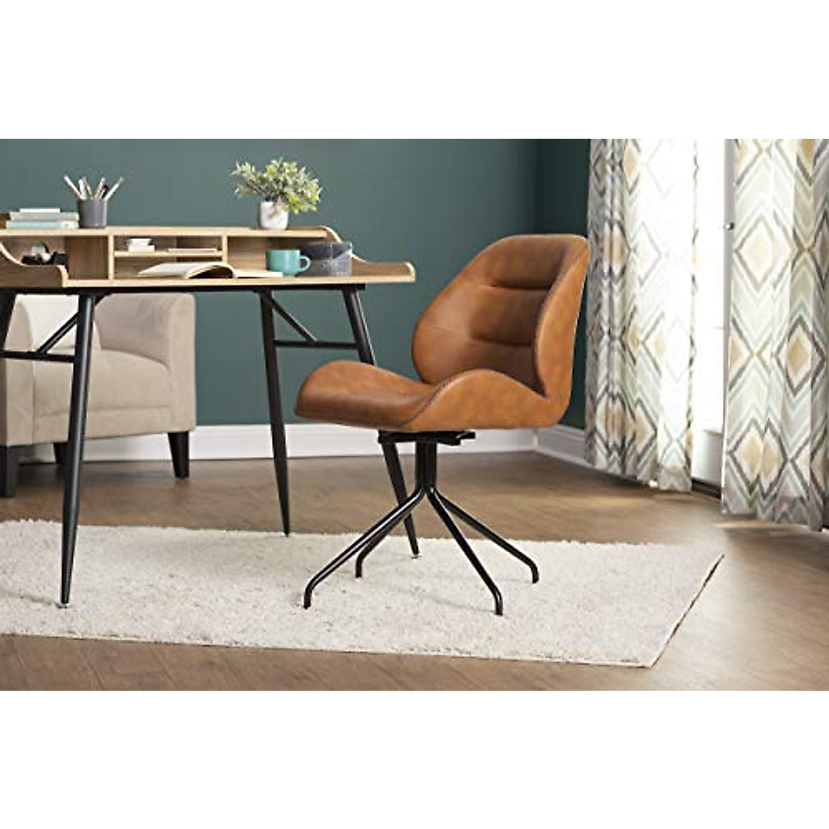 Calico Designs Devonport Swivel Armless, No Casters, Home Office Accent Chair in Black Metal 4-Star Base/Anitque Spotted Copper Faux Leather with Stitch Detail
