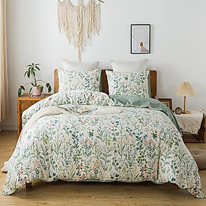 Travan Garden Style Floral Duvet Cover 100% Cotton Duvet Covers Ultra Soft Green Floral Bedding Sets with Zipper Closure, (3pcs, King Size)