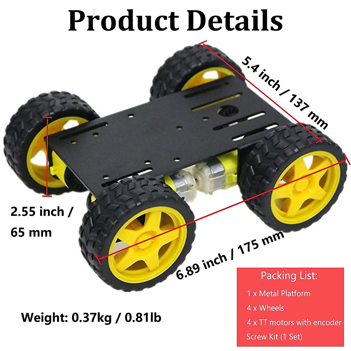 Professional 4WD Robot Smart Car Chassis Kit C101 with Speed Encoder TT Motor, Metal Wheeled Robotic Model Sciences Experiment Platform for Arduino/Raspberry Pie/Microbit STEAM Competition