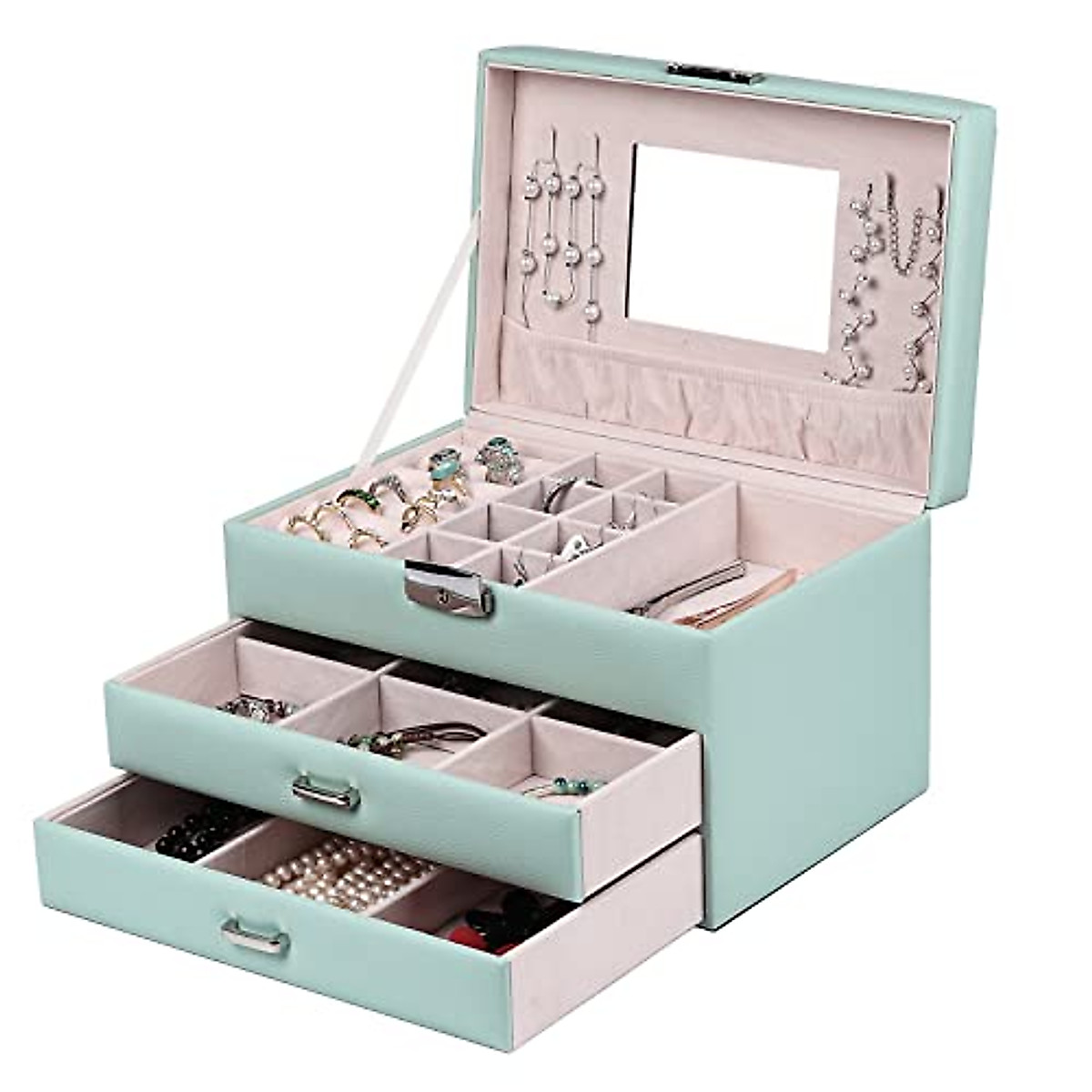 Jewelry Box with 3 Layers PU Leather Lockable Jewelry Storage Organizer with Velvet Lining Portable Leather Jewelry Box for Storing Watch, Earring, Ring, Chain, Bracelet