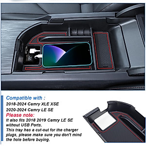 TOPINSTALL Red Center Console Organizer Compatible with 2018-2023 2024 Toyota Camry XLE XSE and 2020-2024 Camry LE SE with Dual USB Ports, Interior Accessories Armrest Tray Insert (Not for 2025)