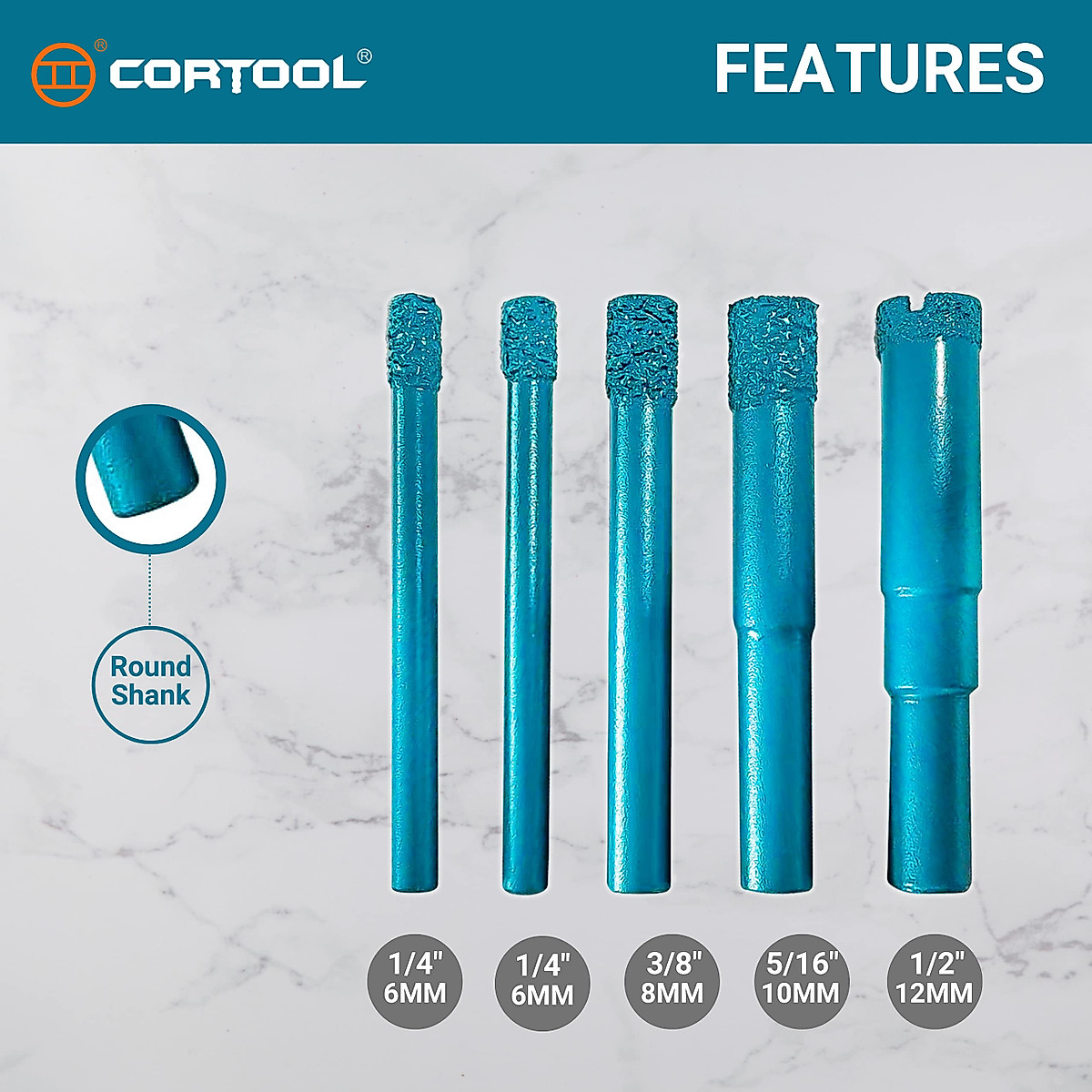 CORTOOL Dry Diamond Drill Bits for Porcelain Tile Ceramic Glass Marble, 5PCS 1/4", 5/16", 3/8", 1/2" Tile Drill Bit, Tile Saw, Vacuum Brazed Diamond Core Drill Bits with Round Hex Shank