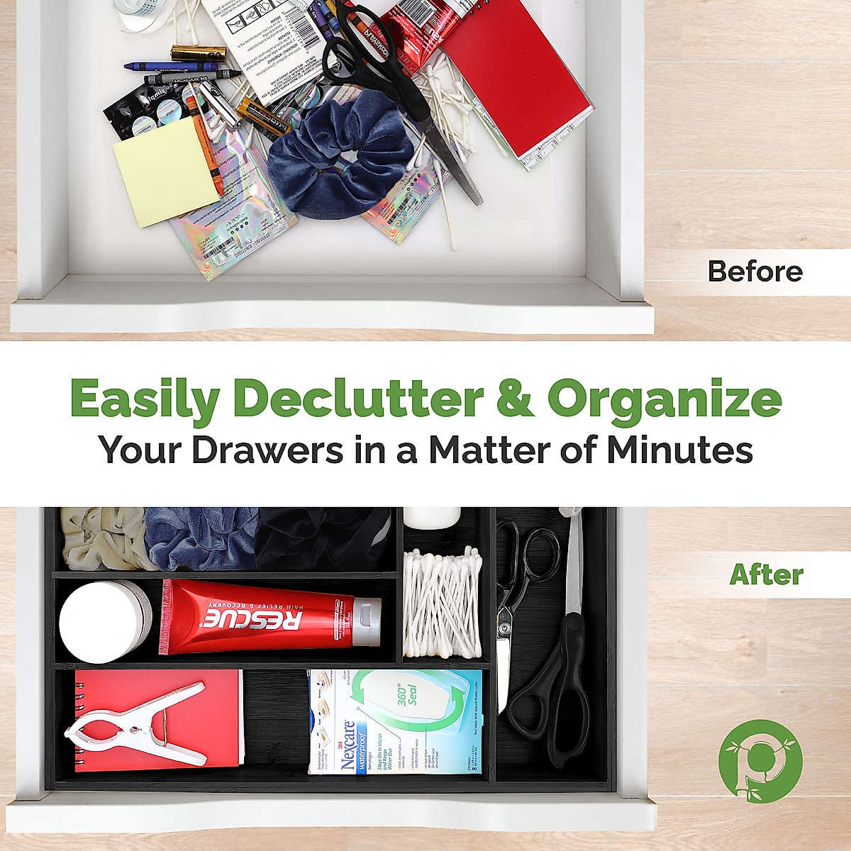 Pristine Bamboo silverware tray organizer– Flatware Utensil Cutlery Silverware Holder for Drawer – Small Extra-Deep Wooden Kitchen Drawer Organizer Divider for Spoons Forks Knives (6-Slots, Black)