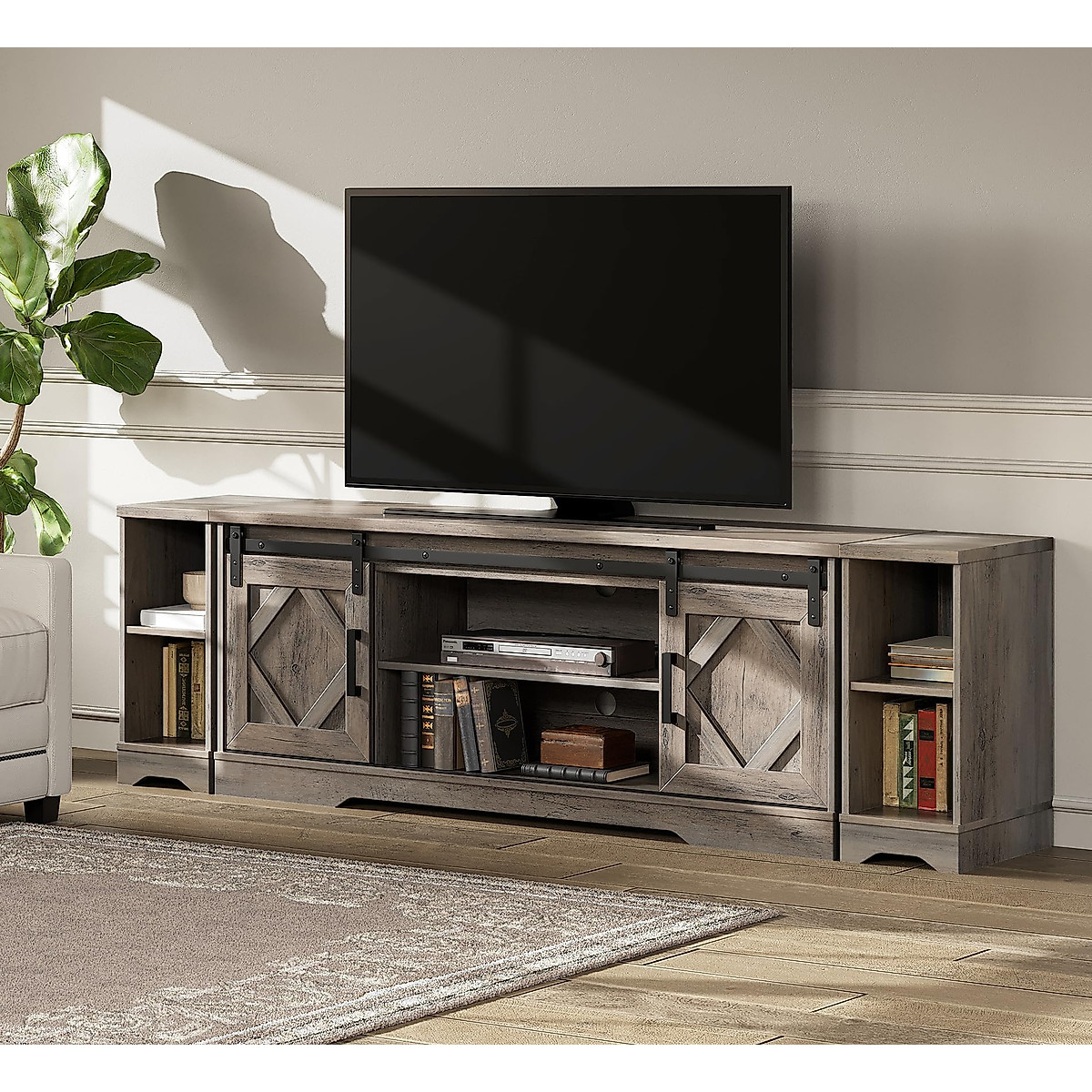 WAMPAT Modern Farmhouse 3 in 1 TV Stand for up to 85" TVs Wood Entertainment Center with Open Storage for Living Room,Washed Grey