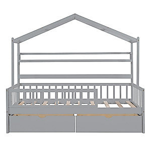 Harper & Bright Designs Twin House Bed with 2 Storage Drawers, Kids Twin Platform Bed Frame with Storage Shelves, Fence and Roof, Tent Bed, Wood Playhouse Bed Twin for Kids Teens Girls & Boys (Gray)