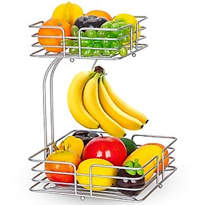 Kufutee 2 Tier Countertop Fruit Basket,Vegetables Bowl Storage With Banana Hanger,Sliver