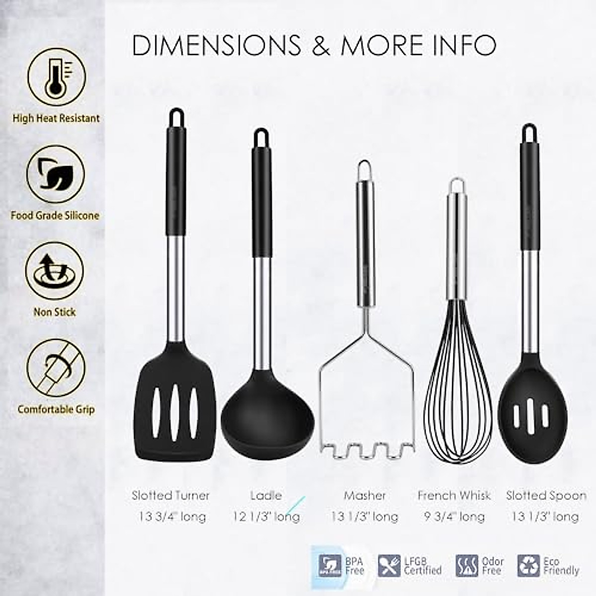 FONGLUAN Kitchen Utensils, Set of 5, Silicone Cooking Utensils Set with Stainless Steel Handle, Turner/Spatula, Spoon, Ladle, Whisk, Masher, Heat Resistant, Nonstick Cookware, Dishwasher Safe, Black