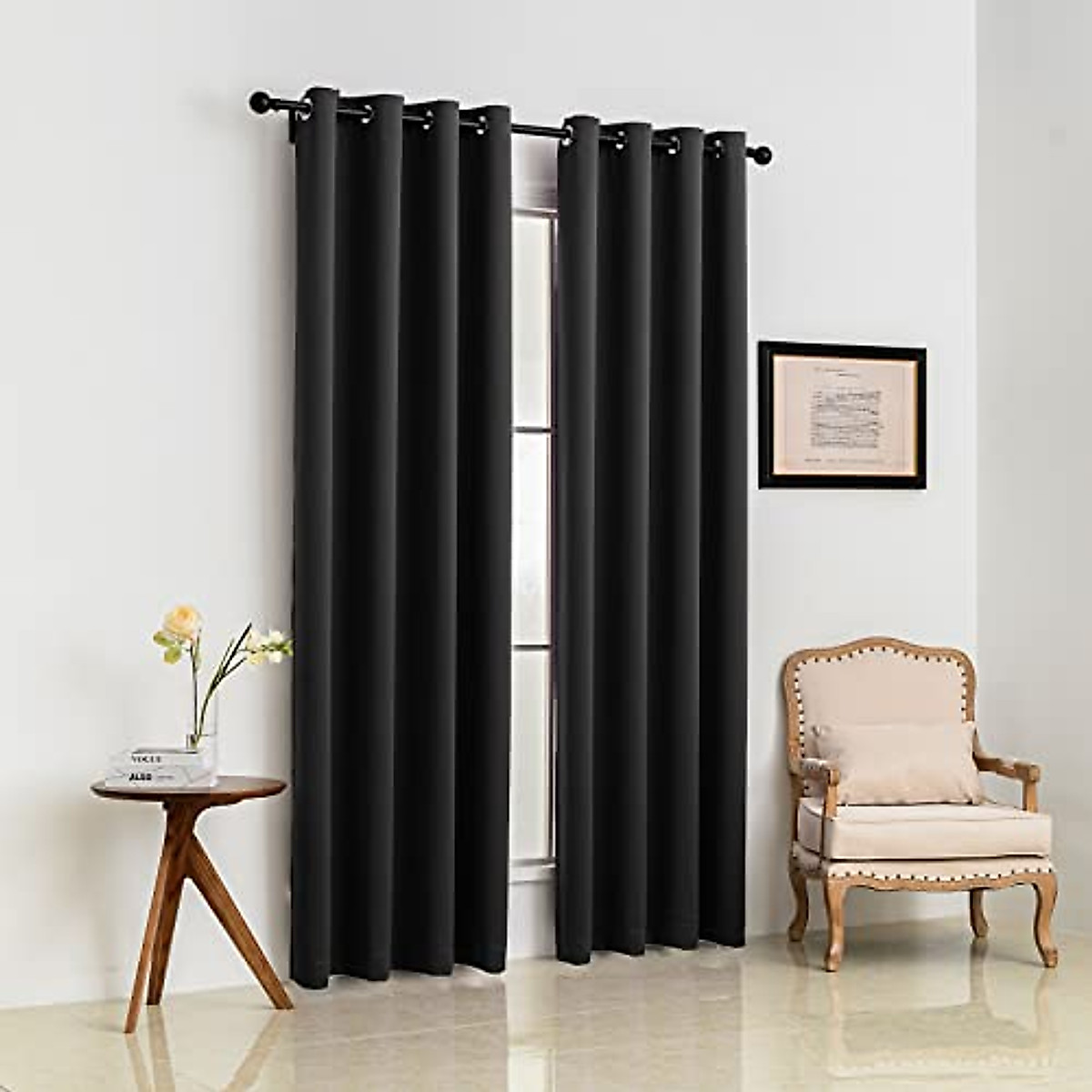 Pickluc Grommet Blackout Curtain for Living Room, Light Blocking Drapes, Thermal Insulated, Noise Reduction, 52 Inches Wide x 96 Inches Long, Black, 2 Panels
