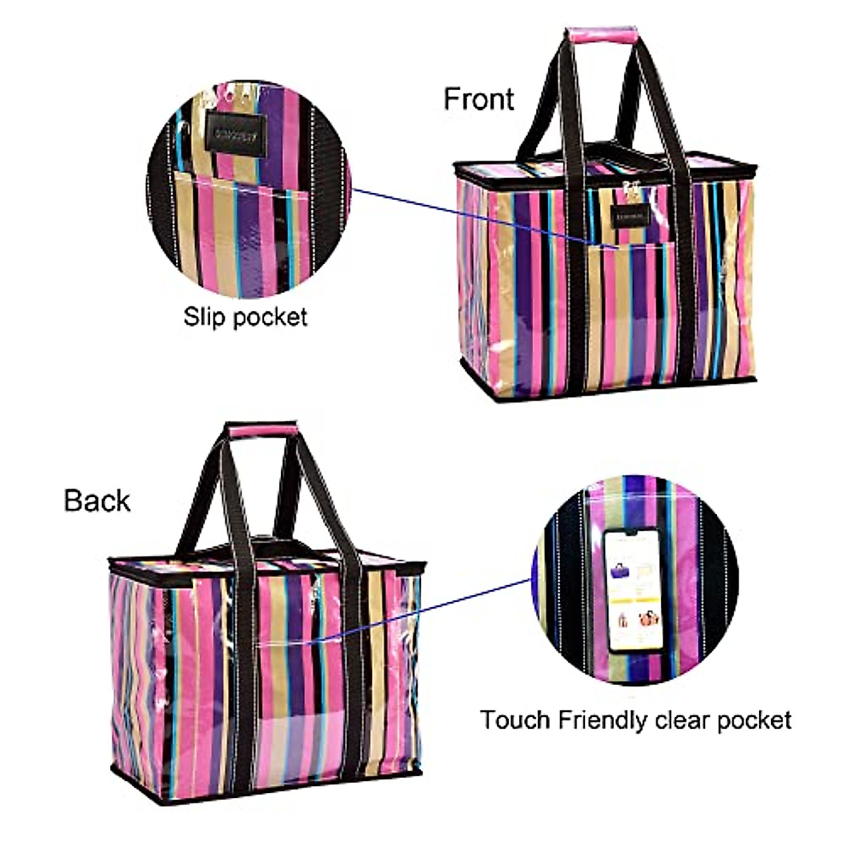 DEMOMENT Large Reusable Grocery Durable Shopping Zip Closure Tote Bag For Kitchen Supermarket Camping Beach Clothes Storage Carrier (Rainbow)