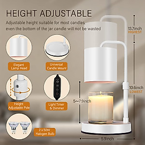 zukakii Candle Warmer Lamp Adjustable Height Dimmable Candle Lamp Warmer with Timer Compatible with Large Jar Candles No Flame Scented Candle Wax Warmer with 2 Bulbs White