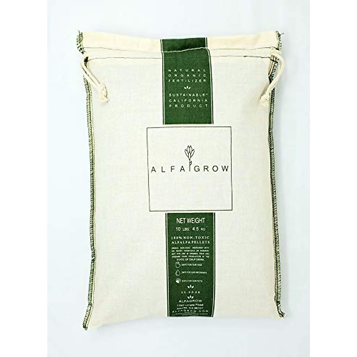 Alfagrow - 10 lbs Alfalfa Pellets, Natural Fertilizer, Soil Amendment, Mulch, High in Nitrogen, Canvas Drawstring Reusable Bag, Great for Roses