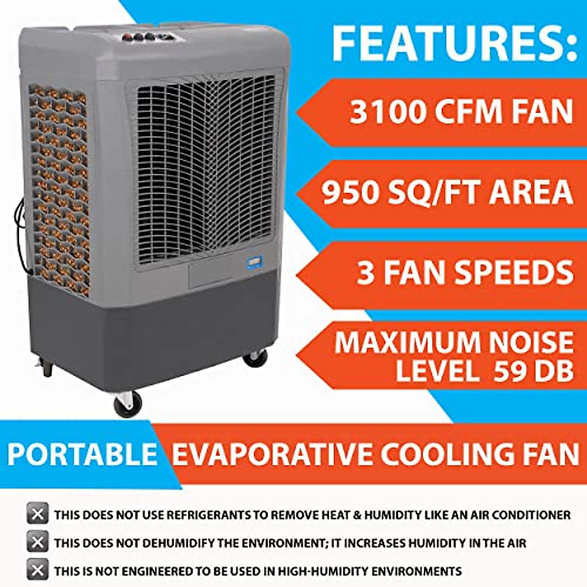 Portable Swamp Coolers - 3100 CFM MC37M Evaporative Air Cooler with 3-Speed Fan - Water Cooler Fan 950 sq. ft. Coverage High Velocity Outdoor Cooling Fan Swamp Cooler by Hessaire - Gray