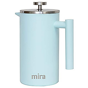 MIRA 34 oz Stainless Steel French Press Coffee Maker with 3 Extra Filters | Double Walled Insulated Coffee & Tea Brewer Pot & Maker | Keeps Brewed Coffee or Tea Hot | 1000 ml (Pearl Blue)