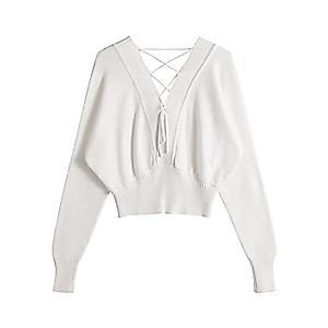 ZAFUL Women's Crop Sweater V Neck Long Sleeve Button Knit Cropped Ribbed Drawstring V Backless Pullover Jumper A-White