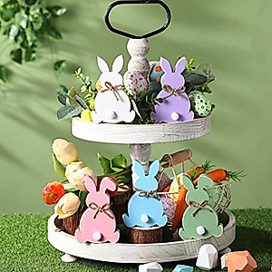 5 Pcs Easter Bunny Wooden Signs Bunny Decor Easter Tabletop Decor Rabbit Shape Table Sign with Jute Rope and Hairball Tail Freestanding Easter Table Decorations for Party (Purple, Pink, Blue, Green)