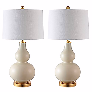 SAFAVIEH Lighting Collection Karlen Modern Contemporary Cream/ Gold Leaf Double Gourd 29-inch Bedroom Living Room Home Office Desk Nightstand Table Lamp Set of 2 (LED Bulbs Included)