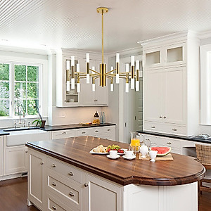 BOKT Modern Small 20-Lights LED Sputnik Chandelier Brushed Brass Gold Sputnik Chandelier Mid Century Modern Globe Wall Sconce Set of Two Plug in Cord Brushed Gold Bathroom Wall Sconce Light