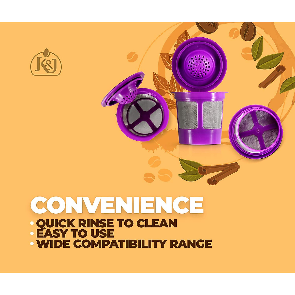 K&J Reusable Filter Cups Compatible with Keurig 1.0 K-Cups - Includes Freedom Clip for Compatibility With Keurig 2.0 Machines (4-Pack, Purple)