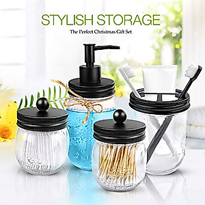 4pcs Rustic Mason Jar Bathroom Accessories Set- Liquid Soap Pump Dispenser and 2 Small Apothecary Storage Glass Jars&Toothbrush Stand Holder for Bathroom, Farmhouse Home Decor, Kitchen Sink (Black)