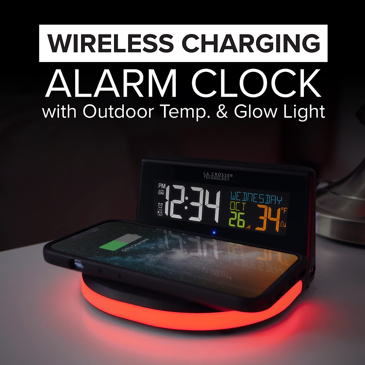La Crosse Technology 617-84947-INT Wireless 5W Charging Alarm Clock with Glowing Base and Outdoor Sensor