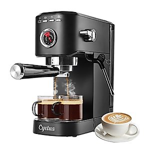 CYETUS Espresso Machine 20 Bar with Milk Frother Steam Wand, Compact Small Coffee Machine for Home, Pressure Gauge, Barista Espresso Maker Latte Cappuccino, Stainless Steel, Black