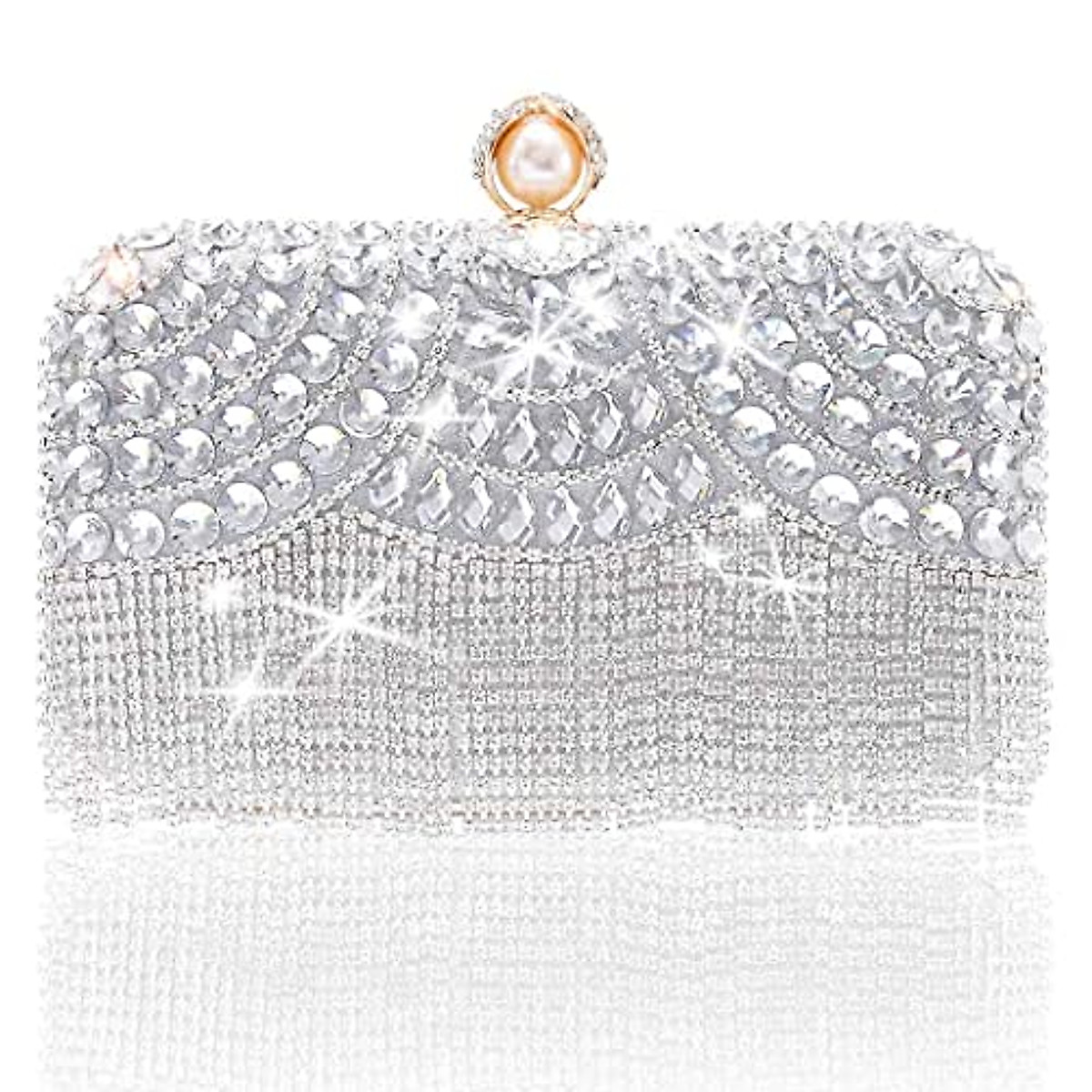 Yokawe Women's Crystals Evening Bag Bling Rhinestone Clutch Purses Tassel Crossbody Bags Bride Wedding Party Prom Handbags (Silver)