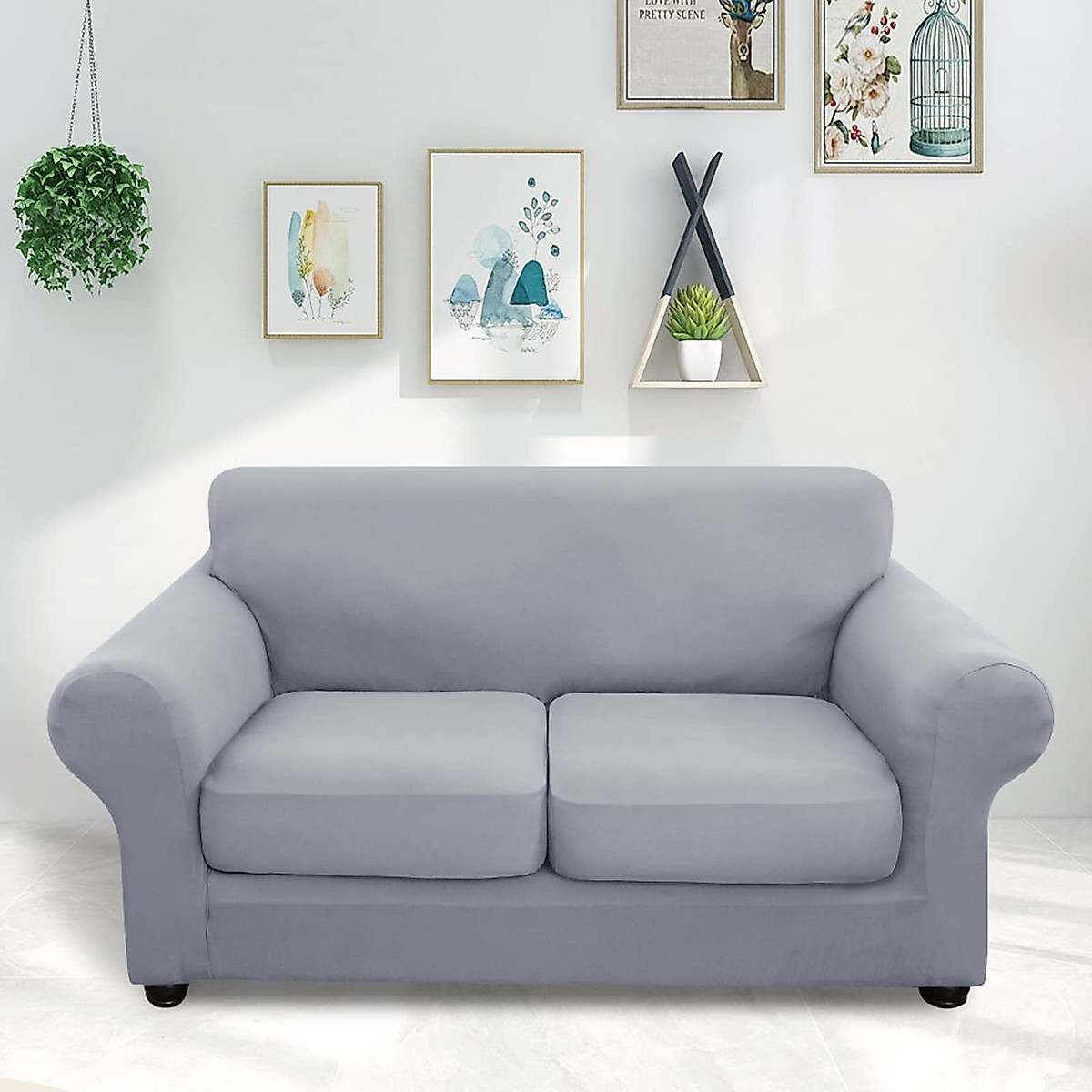 hyha 3 Pieces Couch Covers for 2 Cushion Couch, Love Seat Couch Covers, Sofa Covers Washable Stretch Loveseat Sofa Slipcover, Loveseat Covers with Elastic Straps (Loveseat, Light Gray)