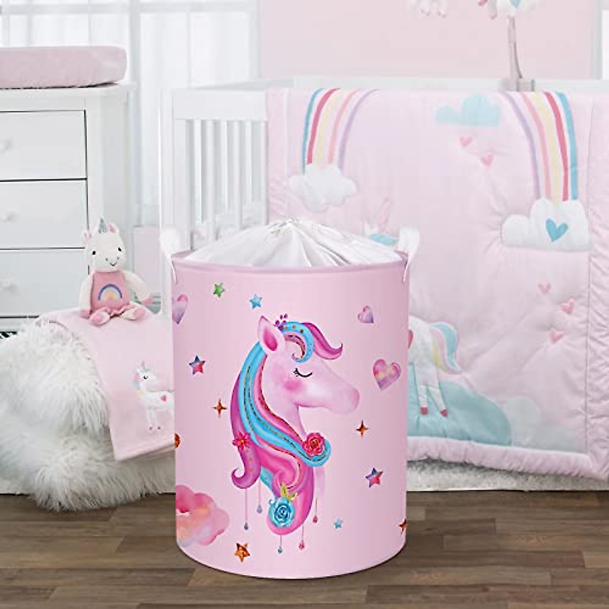 Clastyle 45L Pink Unicorn Kids Laundry Hamper Adorable Collapsible Laundry Basket with Drawstring Waterproof Toys Storage Basket with Handle, 14 * 17.7 in