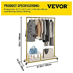 VEVOR Clothing Garment Rack, 47.2"x14.2"x63.0", Heavy-duty Clothes Rack w/Bottom Shelf & Side Shelf, 4 Swivel Casters, Sturdy Steel Frame, Rolling Clothes Organizer for Retail Store Boutique, Gold