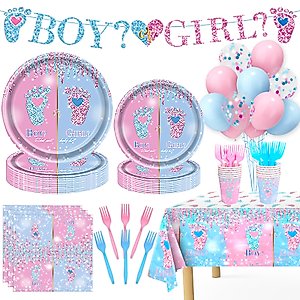 Gender Reveal Decorations, 146Pcs Gender Reveal Plates-Serve 24, Boy or Girl Party Tableware Set with Disposable Paper Plates Napkins Cups Tablecloth for Gender Reveal Party Supplies