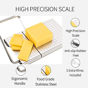 JONINGER Cheese Slicer, Stainless Steel Cheese Cutter with Scales Cheese-Slicer Board with 5 Replacement Wires