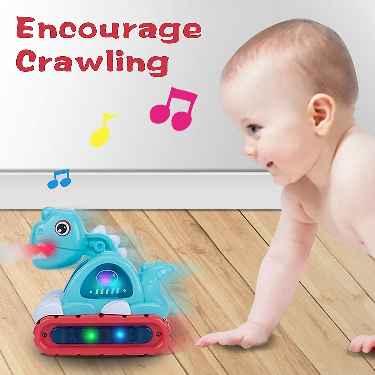 UNIH Musical Baby Toys for 1 Year Old Boy Girl, Infant Crawling Toys Dinosaur Car with Mist and Lights Toys for 6 to 12-18 Months