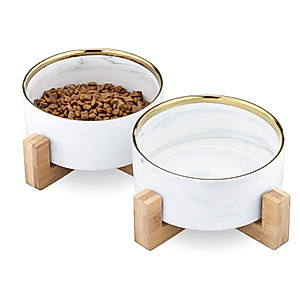 Navaris Ceramic Pet Bowls with Stand (Set of 2) - 6.2" Diameter Cat Dog Bowl Food Dish Set with Gold Rimmed Marble Pattern and Bamboo Stands