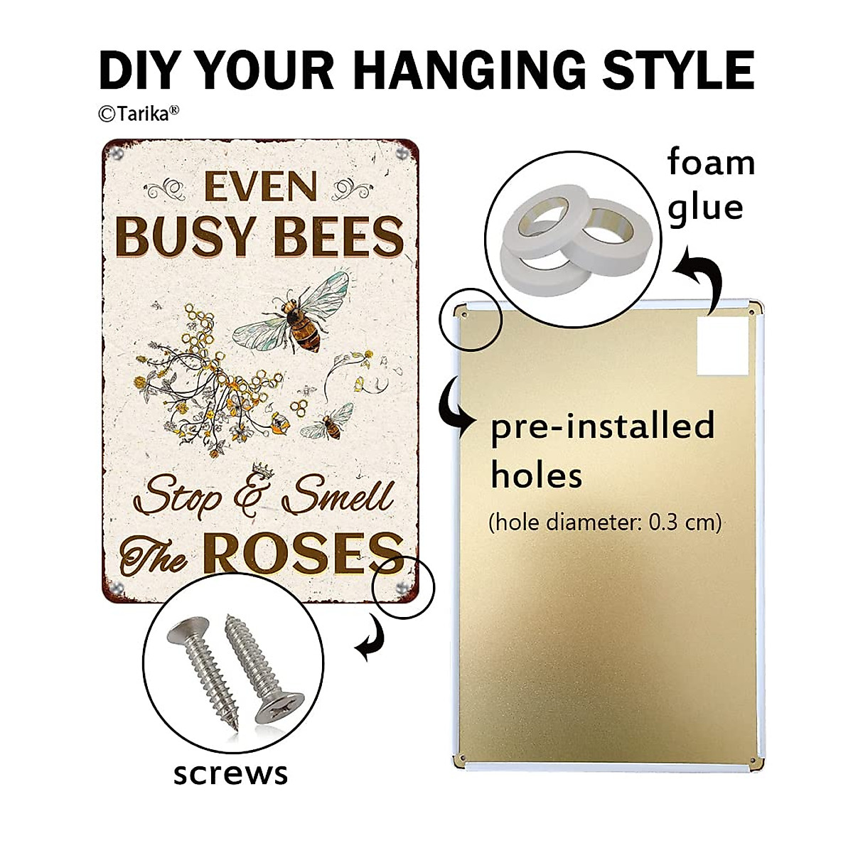 Even Busy Bees Stop and Smell The Roses Vintage Look Tin 20X30 cm Decoration Art Sign for Home Kitchen Bathroom Farm Garden Garage Inspirational Quotes Wall Decor