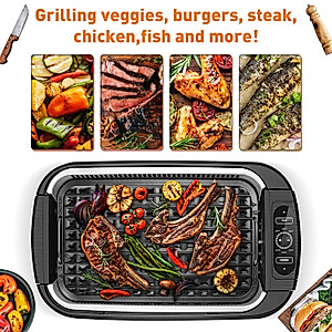 Indoor Smokeless Grill, Techwood 1500W Electric Indoor Grill with Tempered Glass Lid, Portable Non-stick BBQ Korean Grill, Turbo Smoke Extractor Technology, Drip Tray& Double Removable Plate, Black