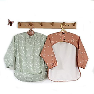 modernKIDS Long Sleeve Bibs for Babies with Pocket (12-36 Months) | No Leak, Waterproof Toddler Bibs with Food Catcher | Apron Art Smock Bib for Eating and Crafting (Dinosaur)