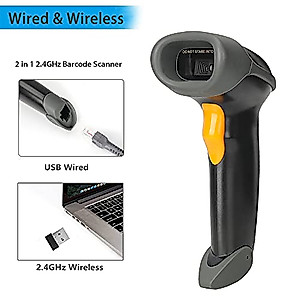 1D CCD 2.4G Wireless Bar Code Scanner Versatile 2 in 1 (Wireless+USB Wired), UNIDEEPLY Automatic Barcode Reader Scanner 196 Feet Indoor Transmission Distance, Scanning Gun for PC Computers, Black