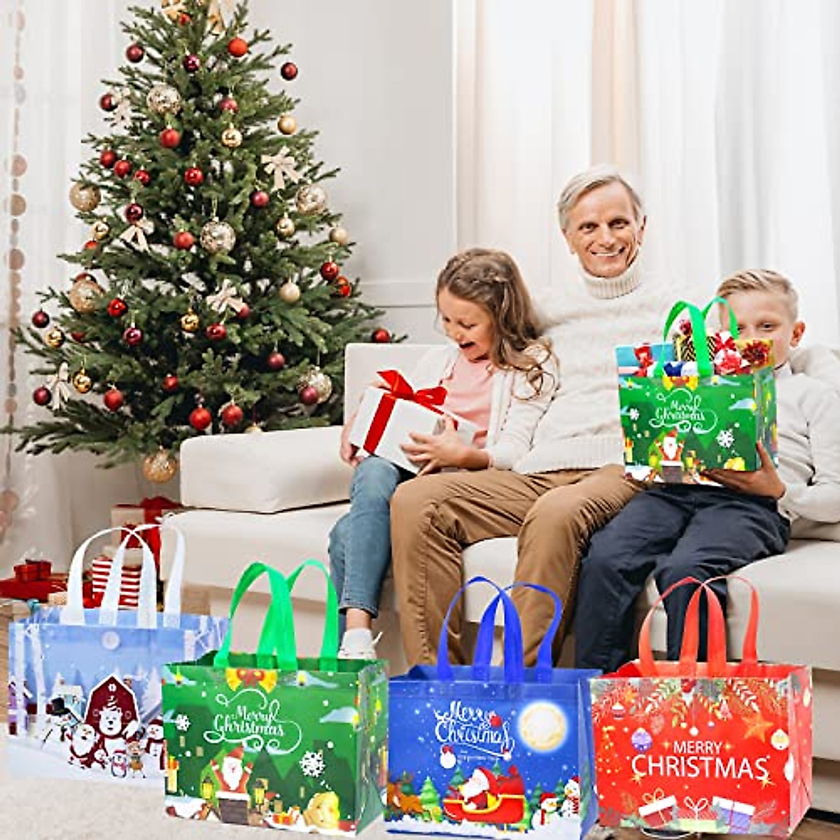 Large Christmas Gift Bags with Handles, Reusable Christmas Grocery Tote Bags for Christmas Holiday Gift Groceries Shopping Xmas Party Supplies, 8 Pack