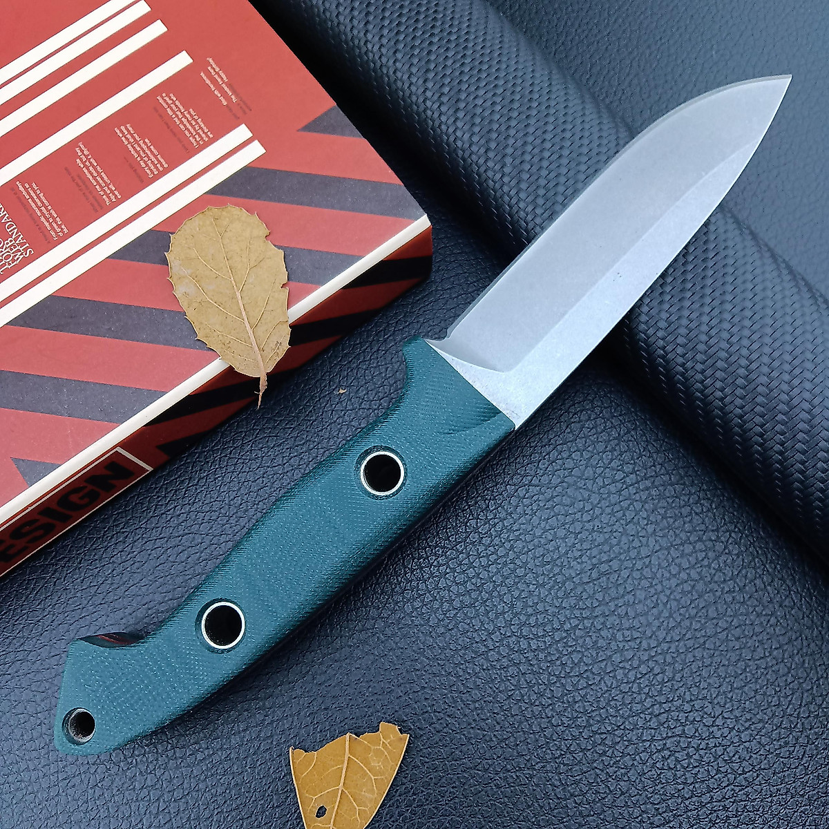 Buschcrafter 162 fixed blade tactical knives 4.43" D2 Satin Blade Outdoor Knife with Green G10 Handle Leather Sheath