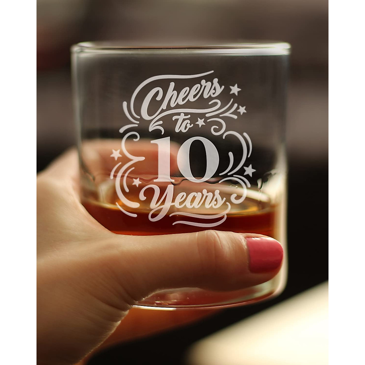 Cheers to 10 Years - Whiskey Rocks Glass Gifts for Women & Men - 10th Anniversary Party Decor - 10.25 Oz Glass