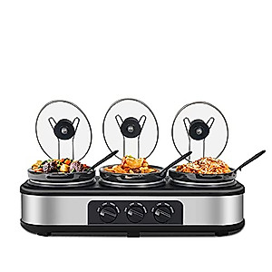 Triple Slow Cooker, 3×1.5 QT Buffet Servers and Warmers, 3 Pots Buffet Slow Cooker Adjustable Temp Lid Rests Stainless Steel Manual Silver for Parties Holidays Families