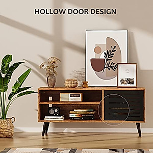 Retro TV Stand for TV up to 55 Inch, TV Console Table & Entertainment Center Mid Century Modern TV Stand with Adjustable Shelf for Living Room, Pop Up Door TV Cabinet Holds up to 110 lbs, FMRTS02B1