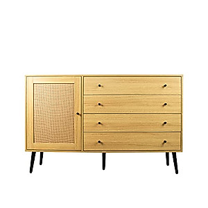 Mid-Century Sideboard Buffet Cabinet，Melpoemen Kitchen Storage Cabinet with Rattan Decorated Door and 4 Drawers，Liquor Cabinet, Dining Room, Hallway, Cupboard Console Table, Accent Cabinet,Natural