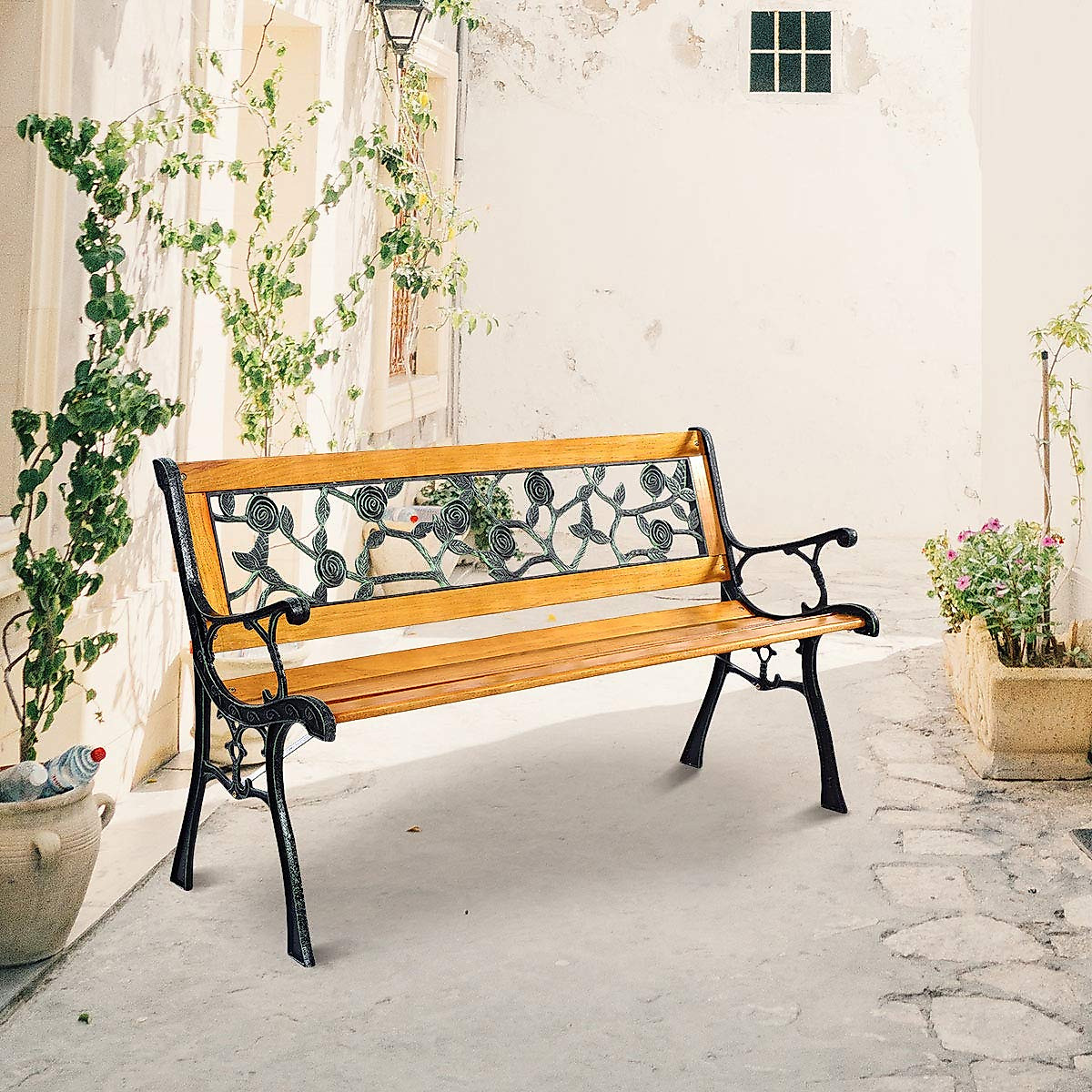 S AFSTAR Outdoor Garden Bench, Outside Porch Loveseat with Rose Cast Backrest & Stable Metal Legs, 2-3 Person Park Bench, Weather Proof Outdoor Bench for Patio Garden Backyard Poolside