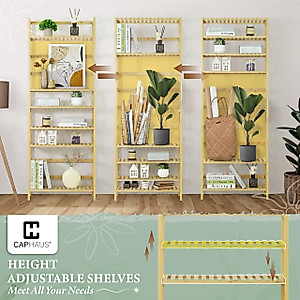 CAPHAUS 6-Tier Bamboo Shelf, Bamboo Open Storage Bookcase with Adjustable Layer, Freestanding Plant Display Stand, Multifunctional Storage Rack Stand for Bathroom, Bedroom, Kitchen, White