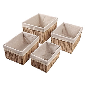 Set of 4 Straw Woven Various Sizes Stackable Bathroom Baskets Organize Home, Bedroom, office
