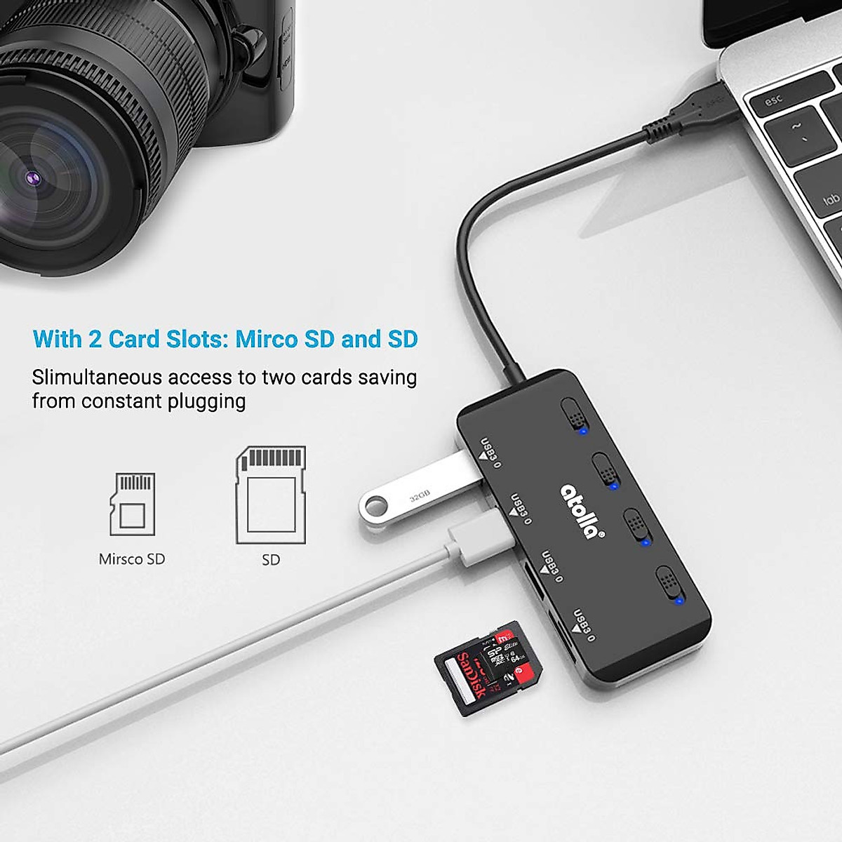 USB SD Card Reader, atolla USB Hub with SD/Micro SD Card Reader, USB Splitter with 3 USB Ports, 2 Card Slots and Individual LED Power Switches