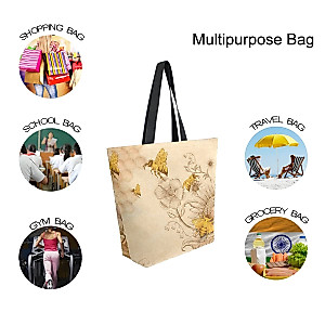 ALAZA Sunflower Bee Retro Large Canvas Tote Bag Shopping Shoulder Handbag with Small Zippered Pocket